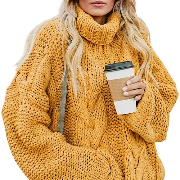 Sweaters | Oversized Slouchy Yellow Chunky Cable Knit Turtleneck ...